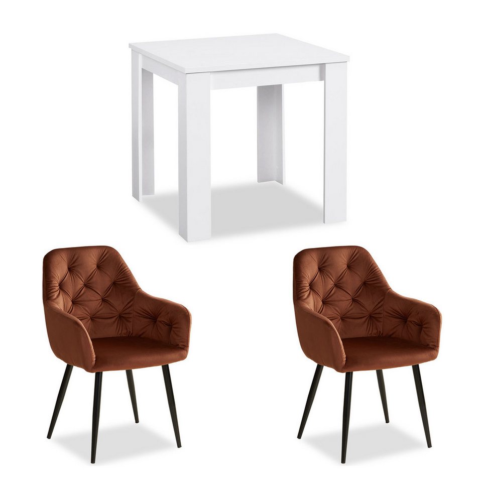 Homestyle4u Essgruppe Esstisch 80x80 2 Stühle Braun Samt Weiß