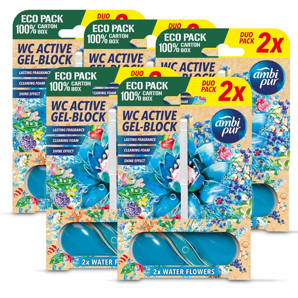 ambi pur WC-Duftspüler Ambi Pur WC Active Gel-Block 2x45g Water Flowers - WC Duft (5er Pack)