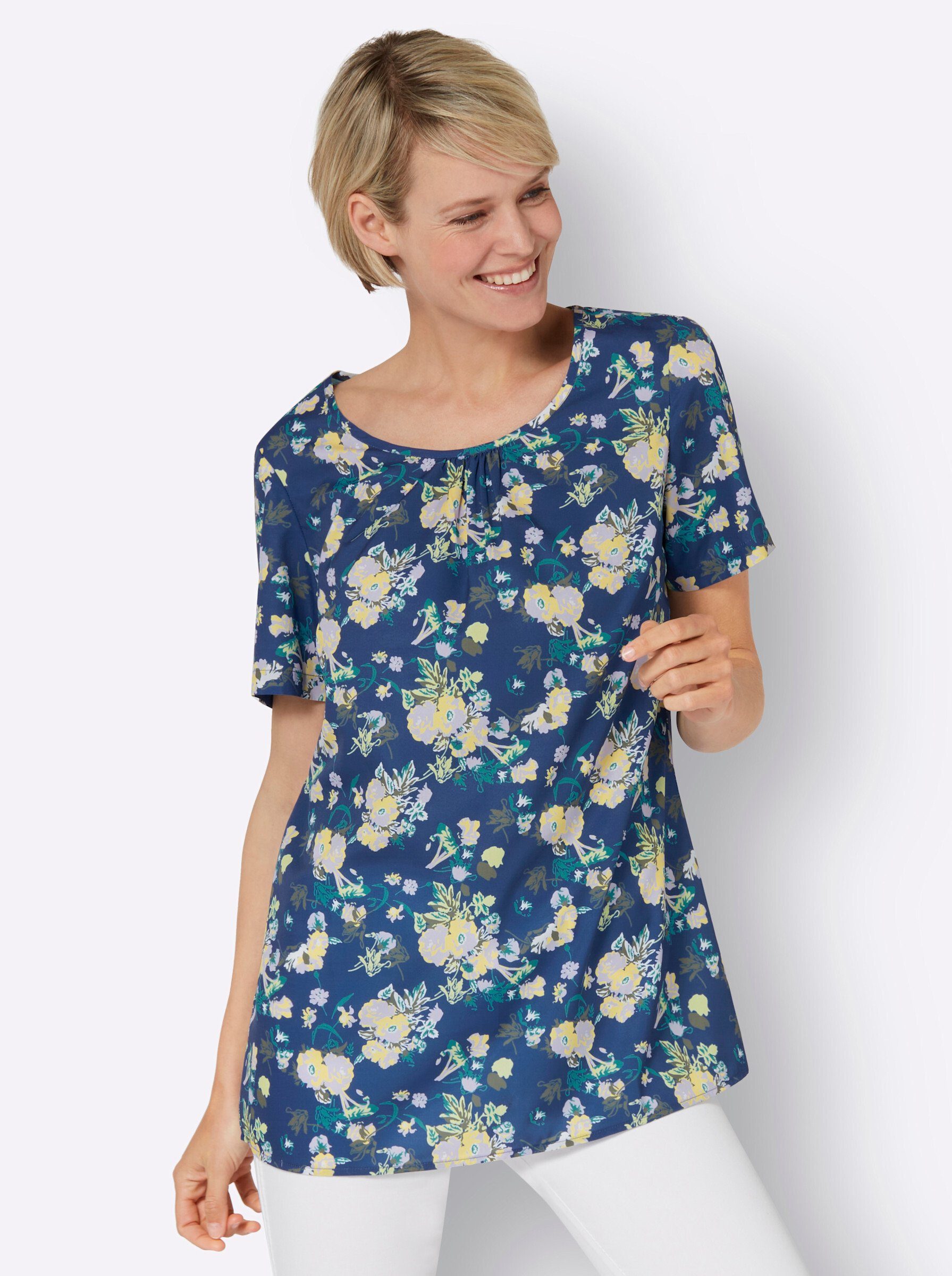 Sieh An Klassische Bluse Longbluse Leichte Raffung Am Ausschnitt