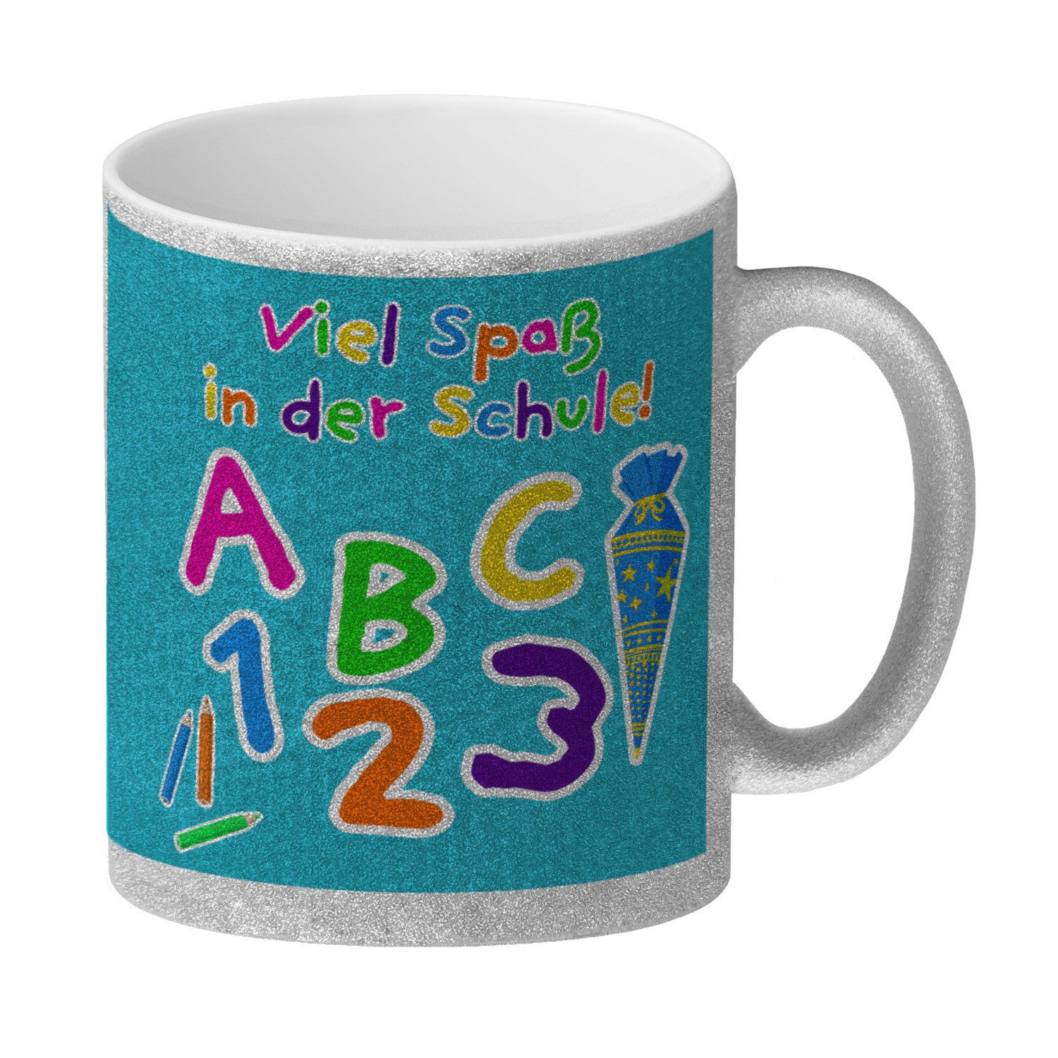 speecheese Tasse Viel Spaß in der Schule Glitzer Kaffeebecher für die Einschulung blau