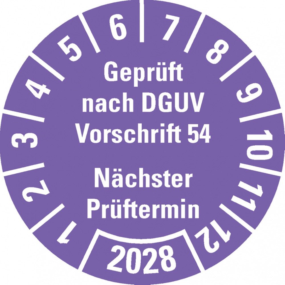 Dreifke Hinweisschild Prüfplak. Gepr.nach DGUV Vorschrift 54 2028, violett, Dokufolie, Ø30mm