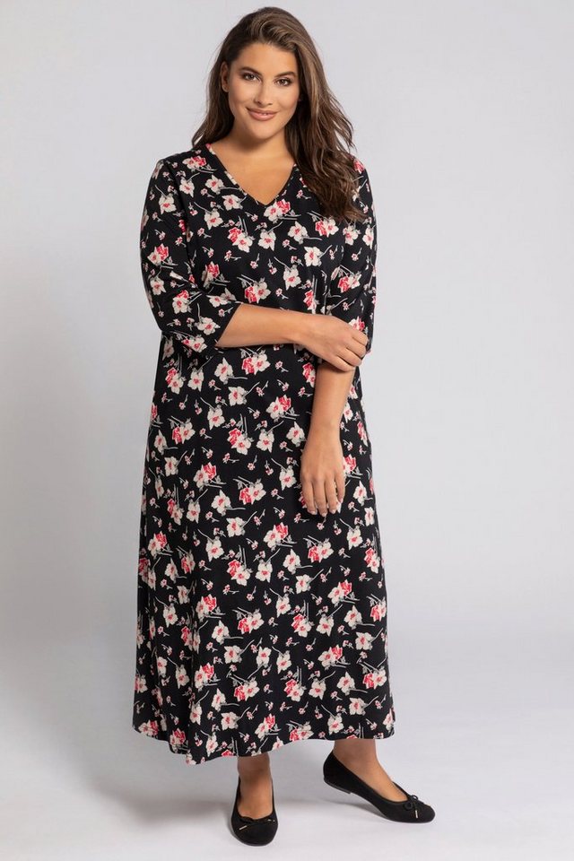 Ulla Popken Jerseykleid Kleid Jersey V Ausschnitt 3 4 Ärmel Empire Blüten