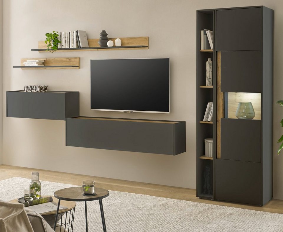 Furndesign Wohnwand Center In Grau Mit Wotan Eiche Wohnzimmer Set 6