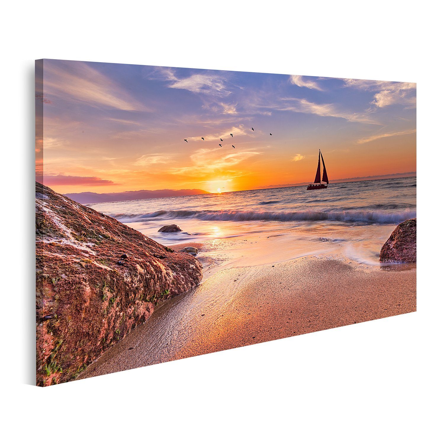 islandburner Leinwandbild Bild auf Leinwand Sonnenuntergang Möwen Meer Segelboot Vögel Segeln ...