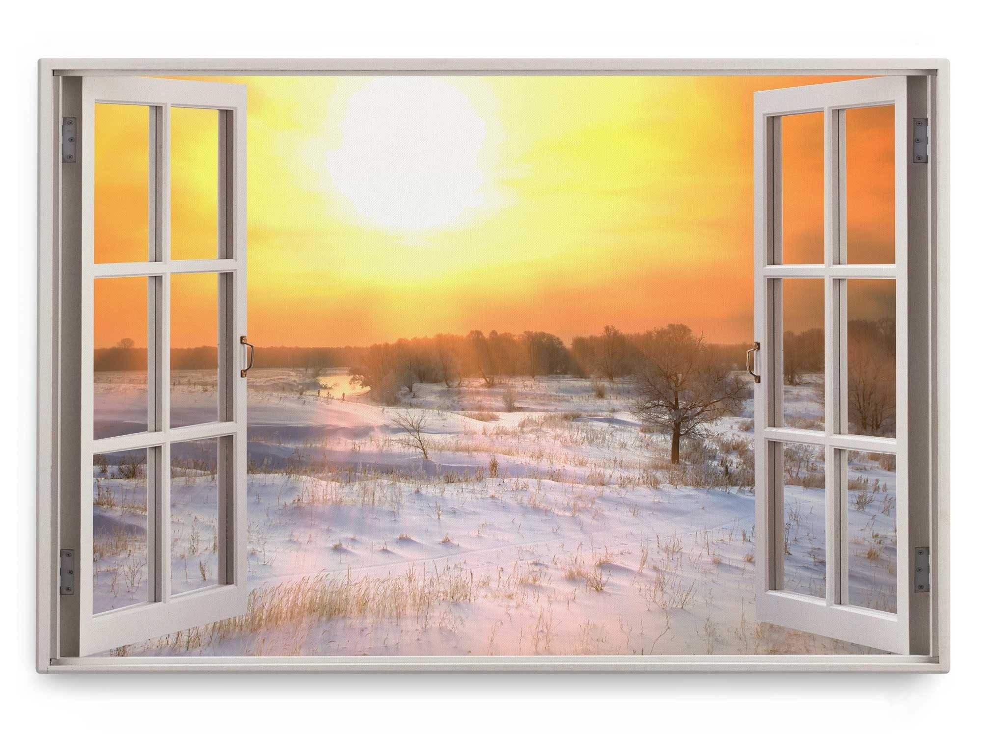 Sinus Art Leinwandbild Wandbild 120x80cm Fensterbild Winter Schnee Sonnenuntergang Sonnenstra ...
