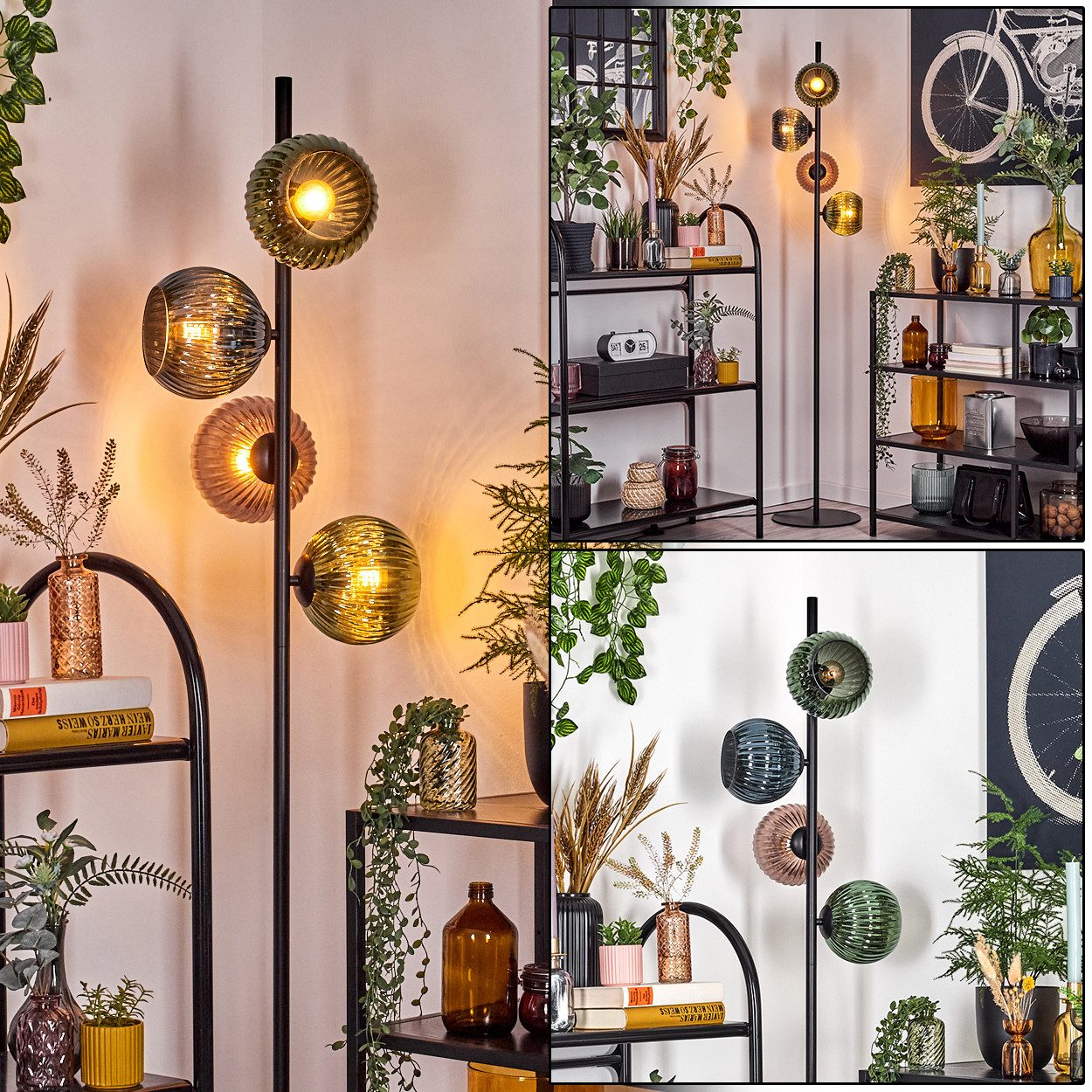 hofstein Stehlampe Stehlampe aus Metall/Riffelglas in Schwarz/Grün/Kupfer/Blau, E14, ohne ...