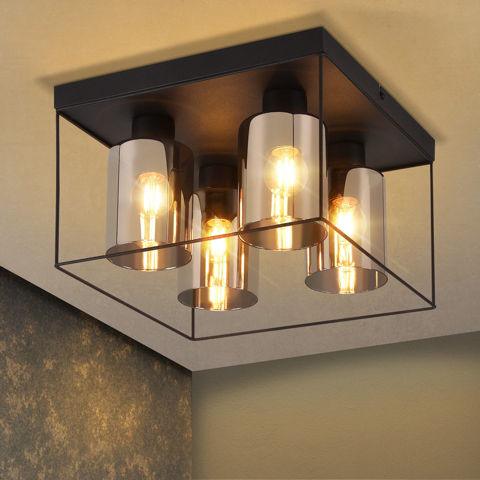 ZMH LED Deckenleuchte Wohnzimmer Glas E27 Schwarz Vintage Deckenlampe ...
