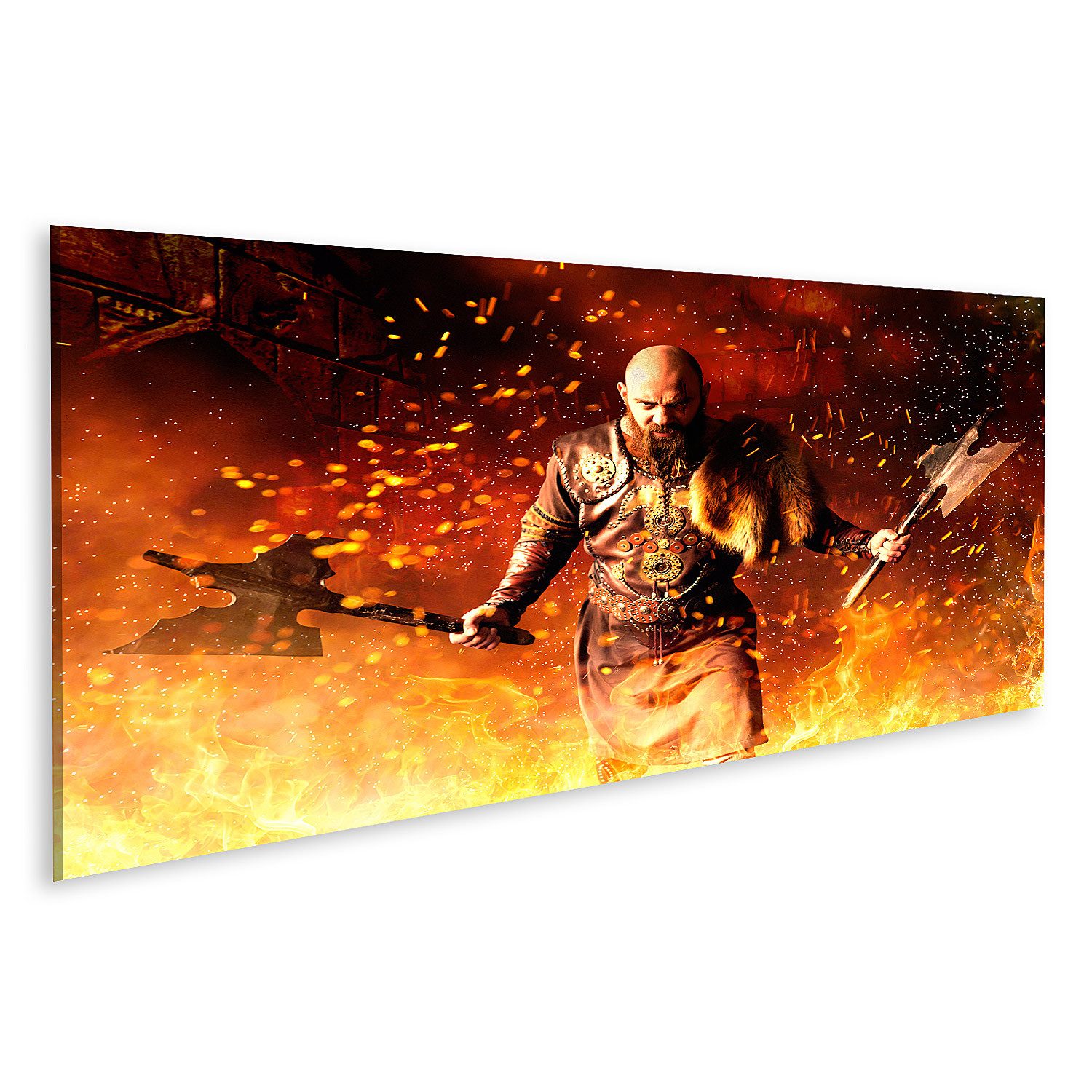 islandburner Leinwandbild Wikinger Äxte Hände Stehend Feuer Wütend Gekleidet Tradition Bilder