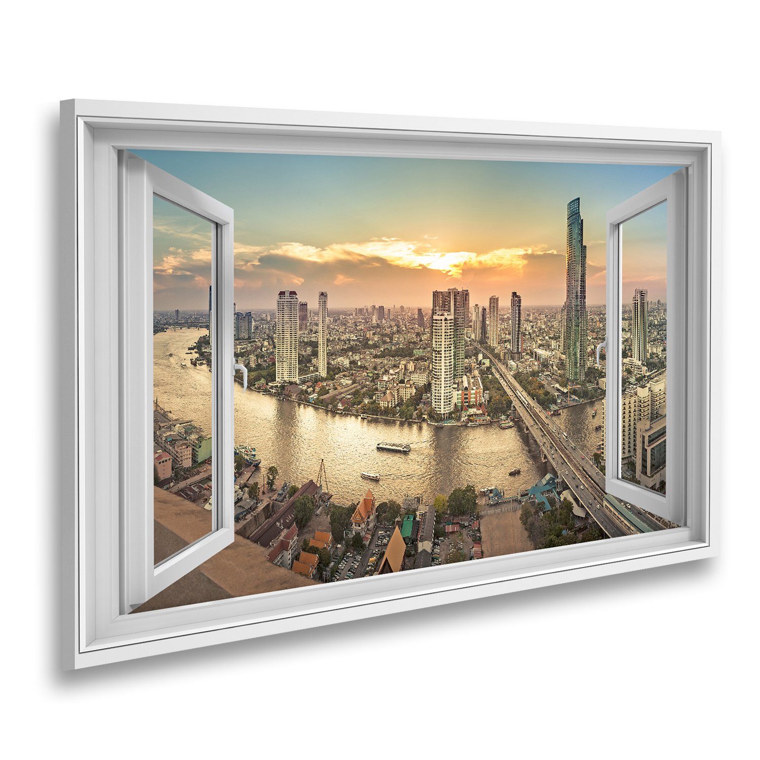 islandburner Leinwandbild Fensterblick Flusslandschaft in der Stadt Bangkok Panorama Sagenhafter