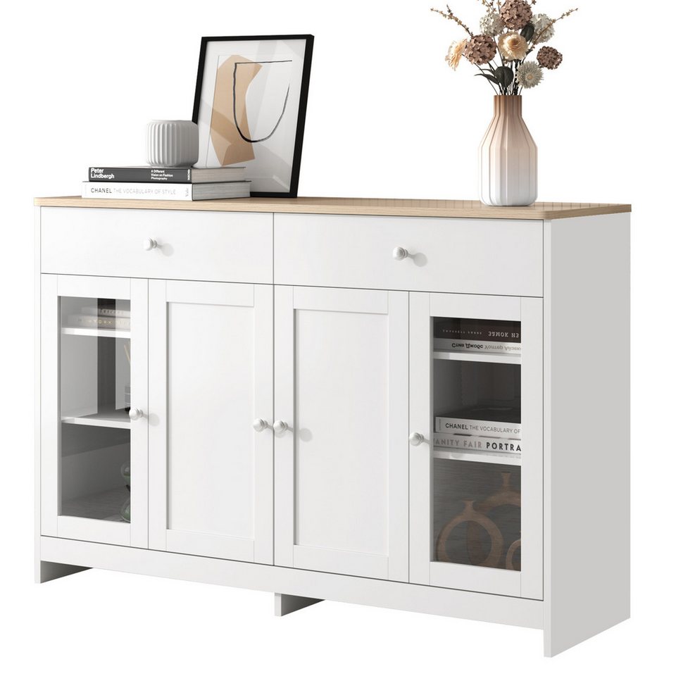 Rutaqian Kommode Sideboard Mit Weißer Holzmaserung Vier Türen Mit