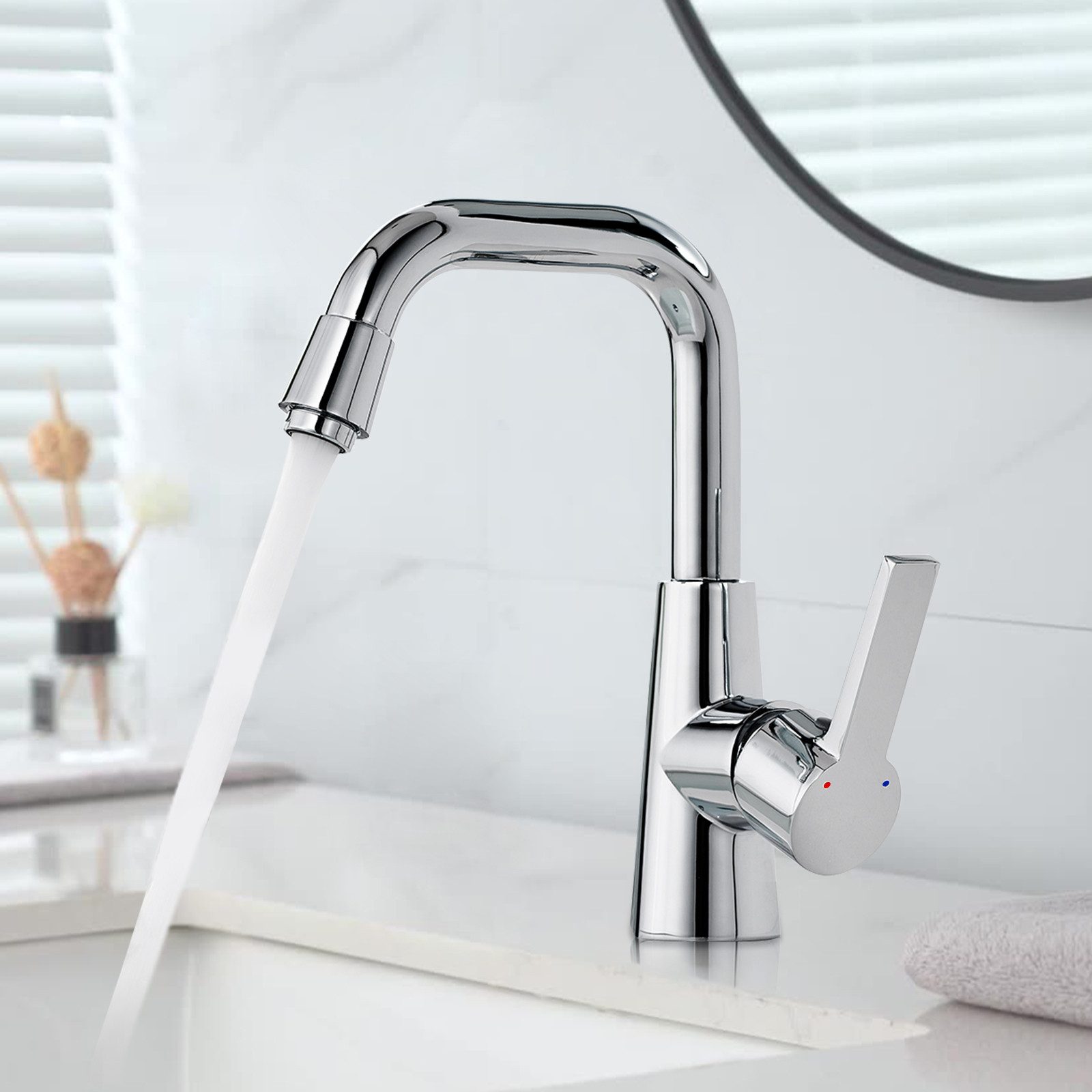 WOOHSE Badarmatur Waschtischarmatur 360° Drehbar, Wasserhahn Bad Armatur Messing Chrom (1-St ...