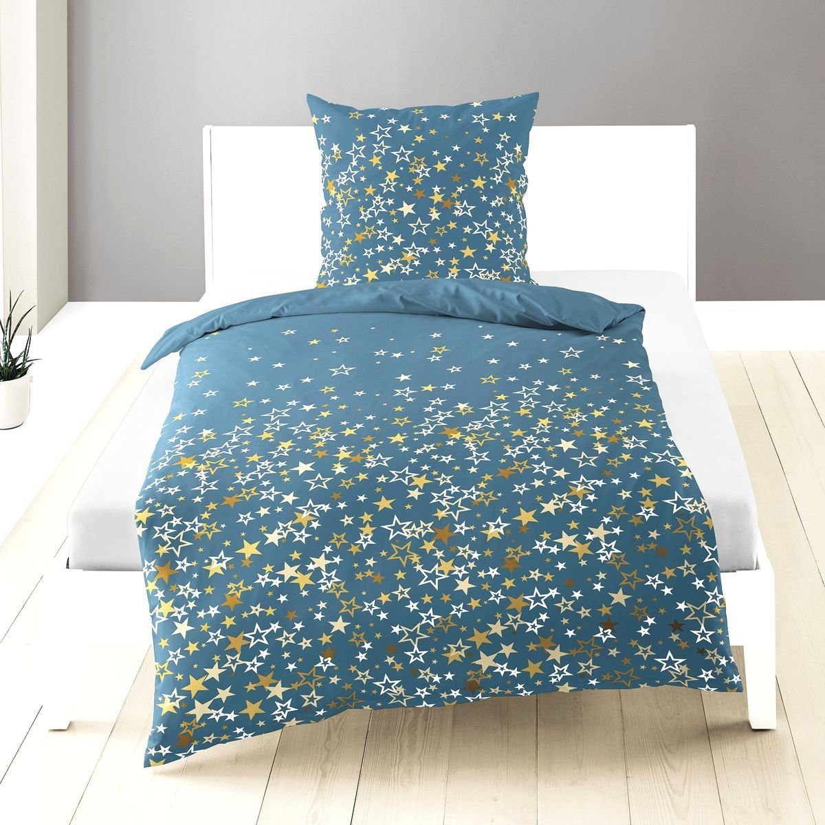 Bettwäsche Bierbaum Biber Kuschel Bettwäsche 2 tg. 135x200cm Stars Blau Gold Warm, BIERBAUM ...