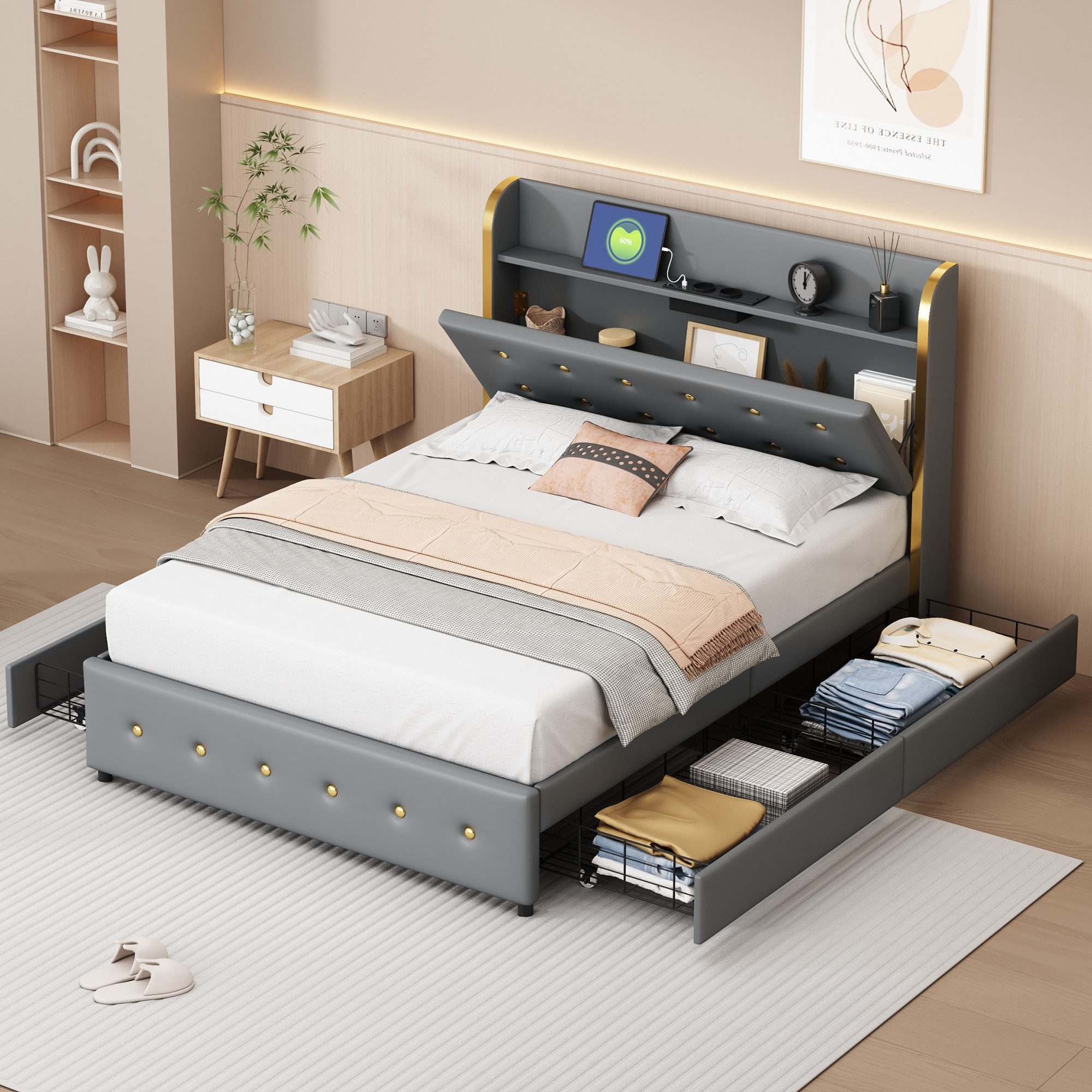 Modfu Polsterbett Doppelbett Kopfteil Mit Usb Anschluss Mit