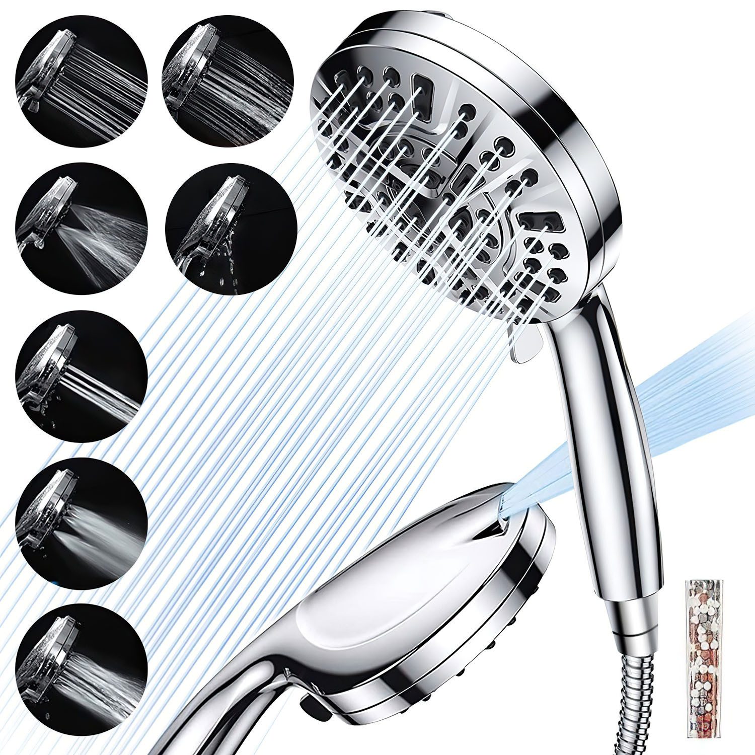 Refined Living Handbrause Duschkopf mit Filter und 1.5m Duschschlauch 10 Strahlarten Duschbrause ...