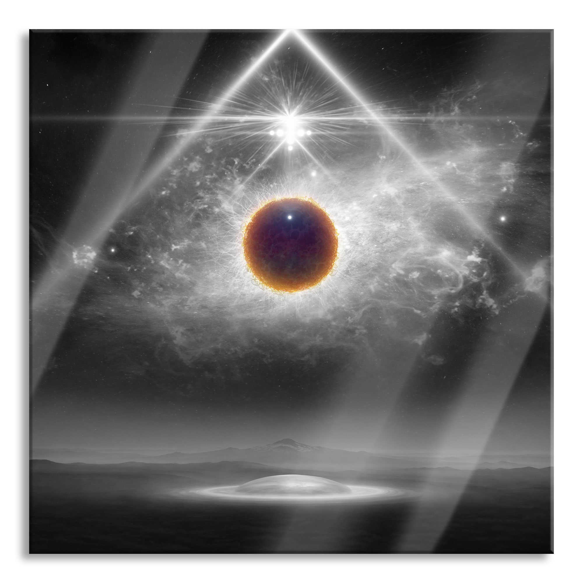 Pixxprint Glasbild Science Fiction Collage Planeten Im Weltraum Bandw