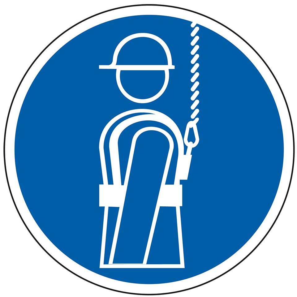 König Werbeanlagen Hinweisschild Auffanggurt benutzen, praxisbewährt, Folie, selbstklebend, Ø 100mm