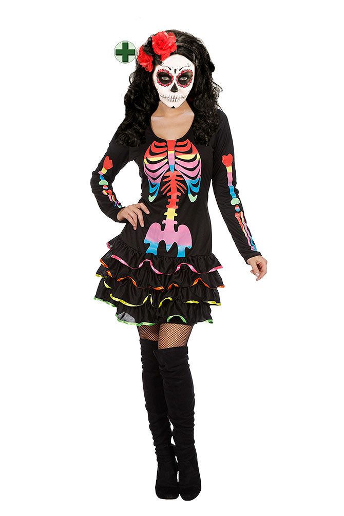 Karneval-Klamotten Kostüm Tag der Toten Damen Regenbogen Skelett m Haarreif, Dia de los Muertos ...