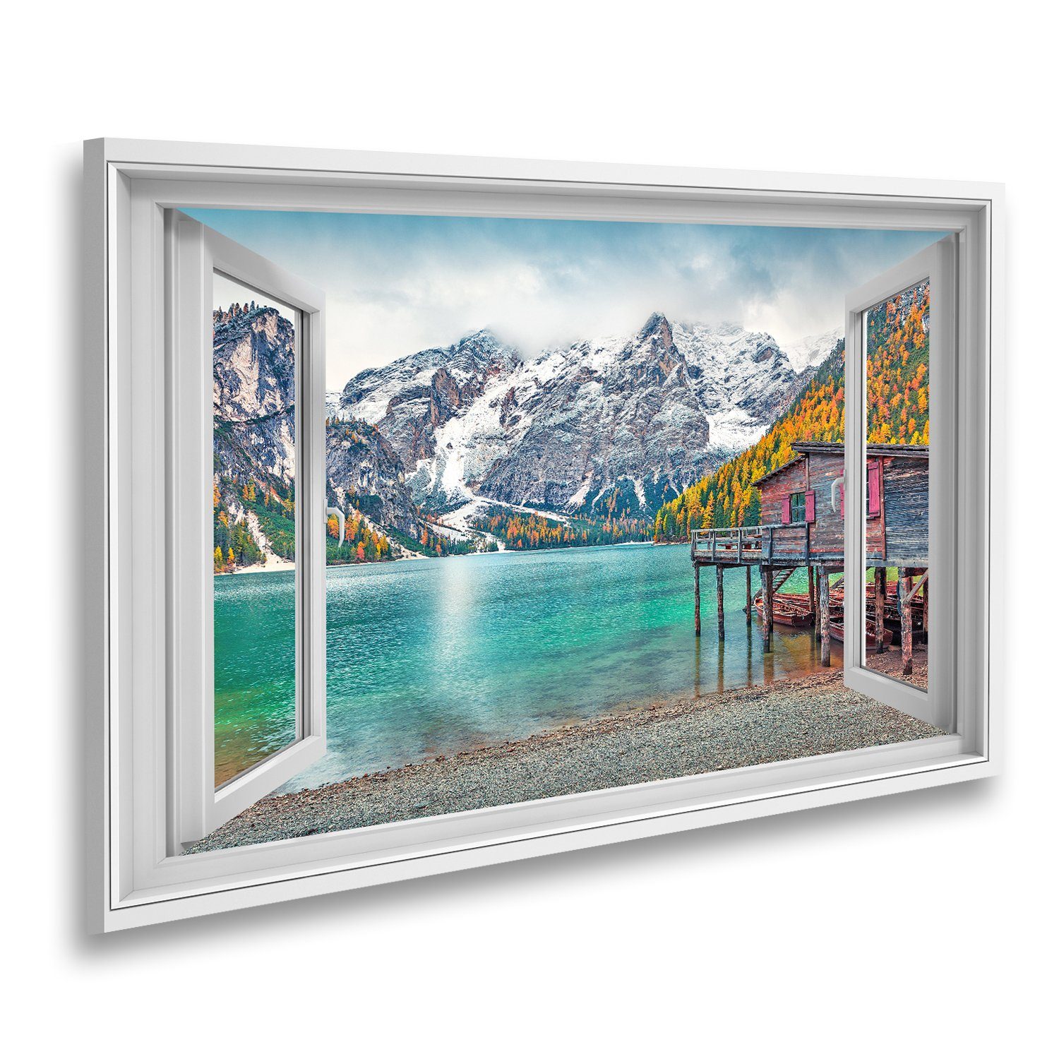 islandburner Leinwandbild Fensterblick Bootshütte auf dem Pragser Wildsee mit dem Seekofel im Hi