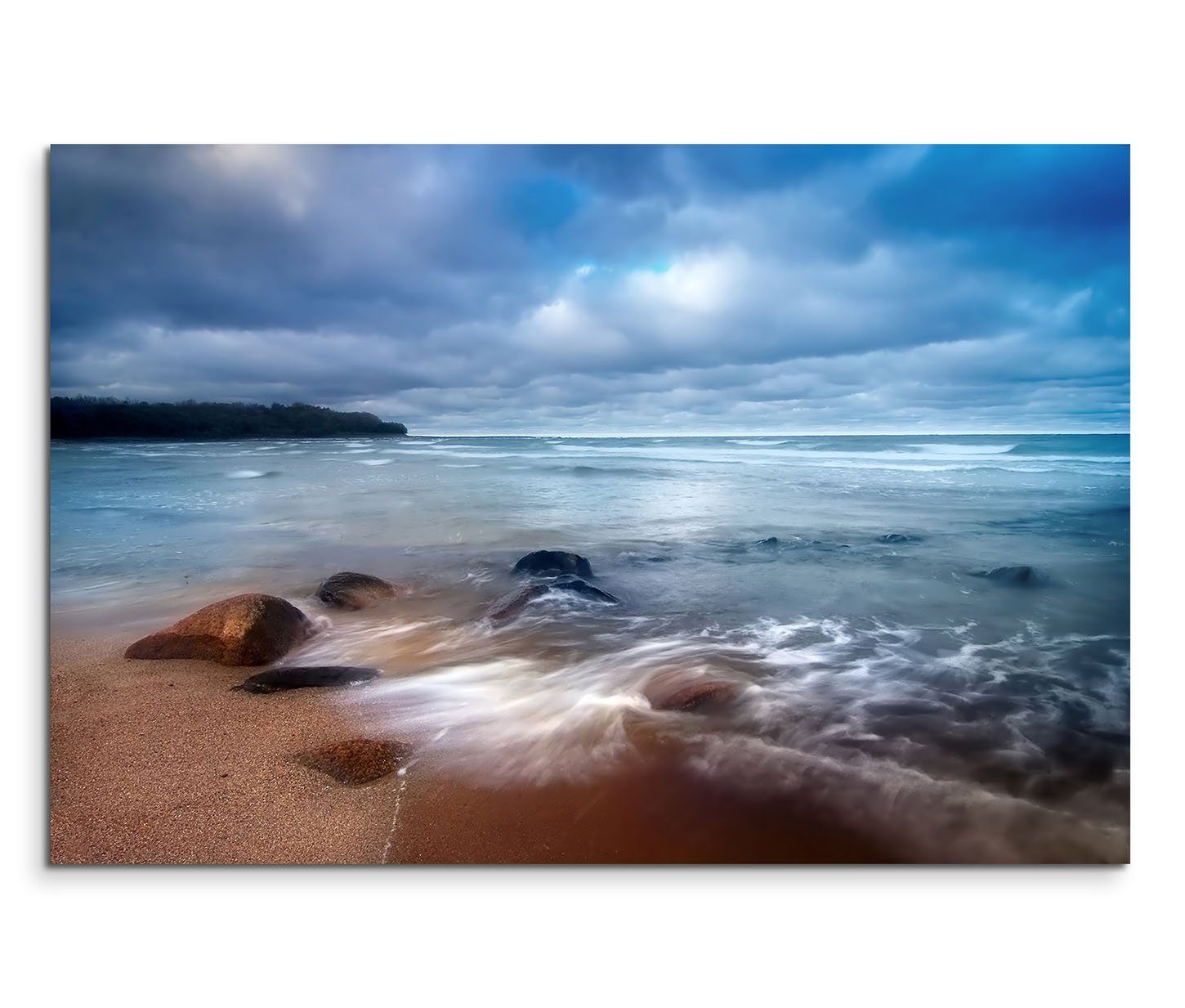 Sinus Art Leinwandbild 120x80cm Wandbild Meer Strand Steine Wolken Dämmerung