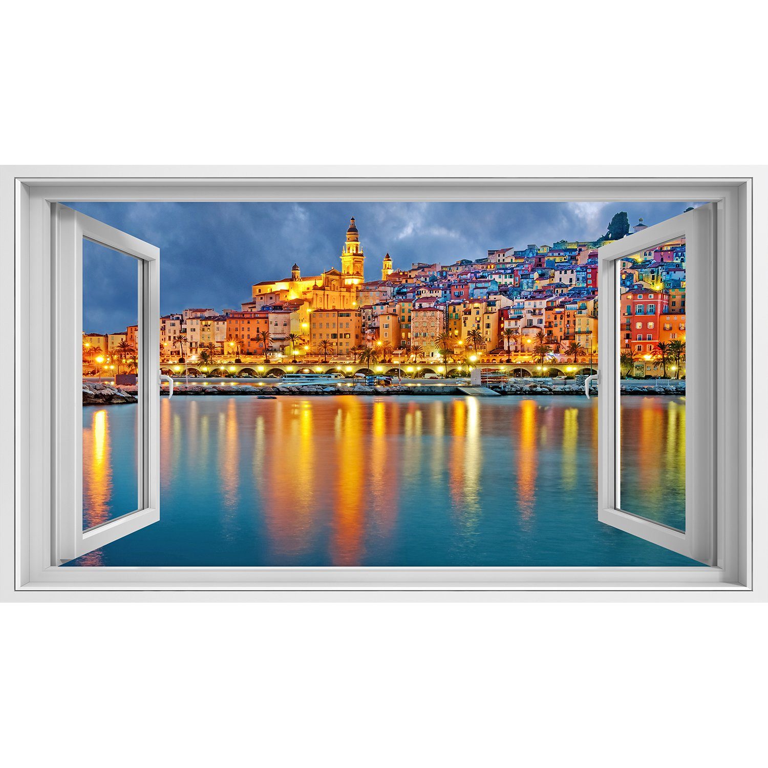 islandburner Leinwandbild Fensterblick Provence Dorf Menton nach Sonnenuntergang Sagenhafter Eff