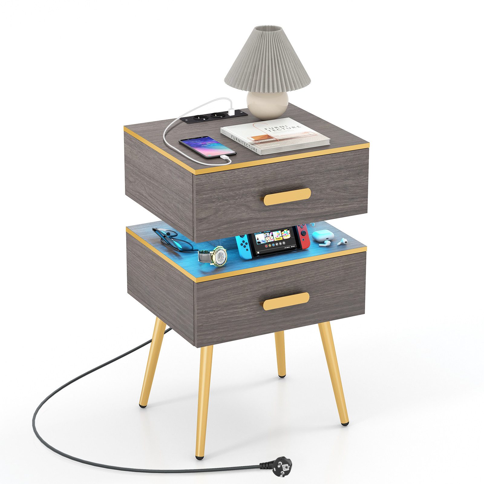 Costway Nachttisch 1 St Mit Led Leuchten In 16 Farben 2 Usb