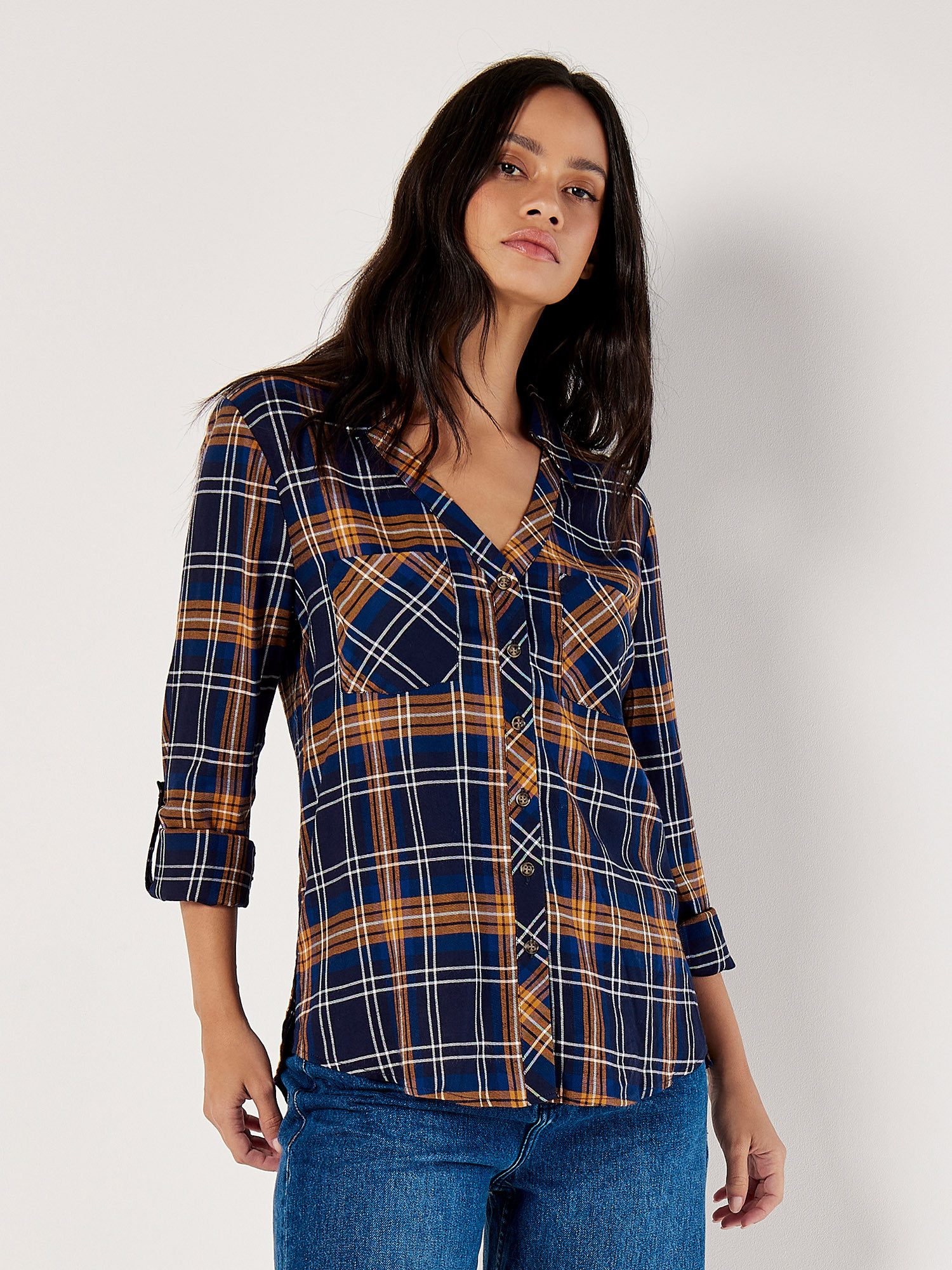 Apricot Karobluse sportliche Bluse, mit Krempelärmeln