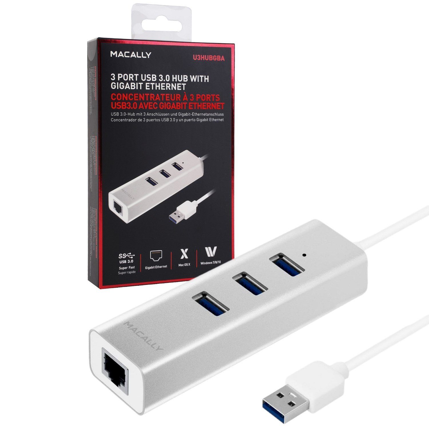 Macally USB 3.0 Hub + Gigabit-Ethernet Adapter USB-Kabel, SuperSpeed USB Type 3.0 3-Port Gigabit ...