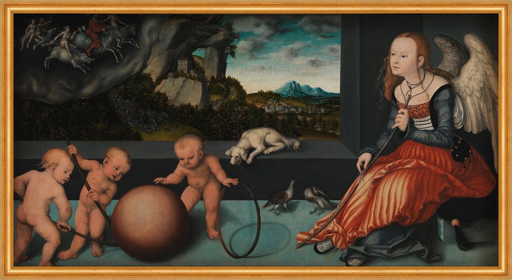 Kunstdruck Melancholy Lucas Cranach der Ältere Engel Kinder Babys Hund B A2 02808, (1 St)