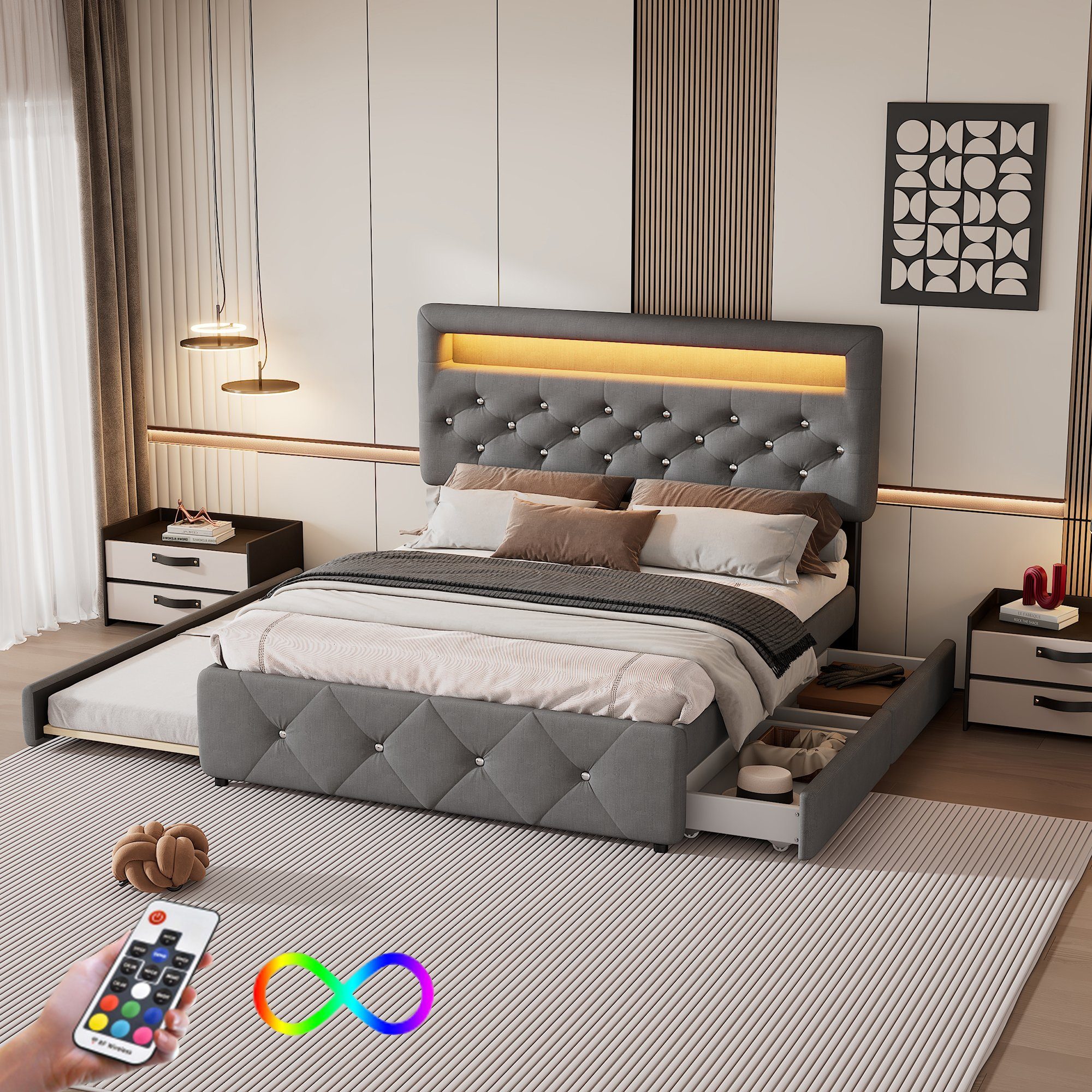 Ulife Polsterbett Doppelbett Mit Bettauszug Und 2 Schubladen