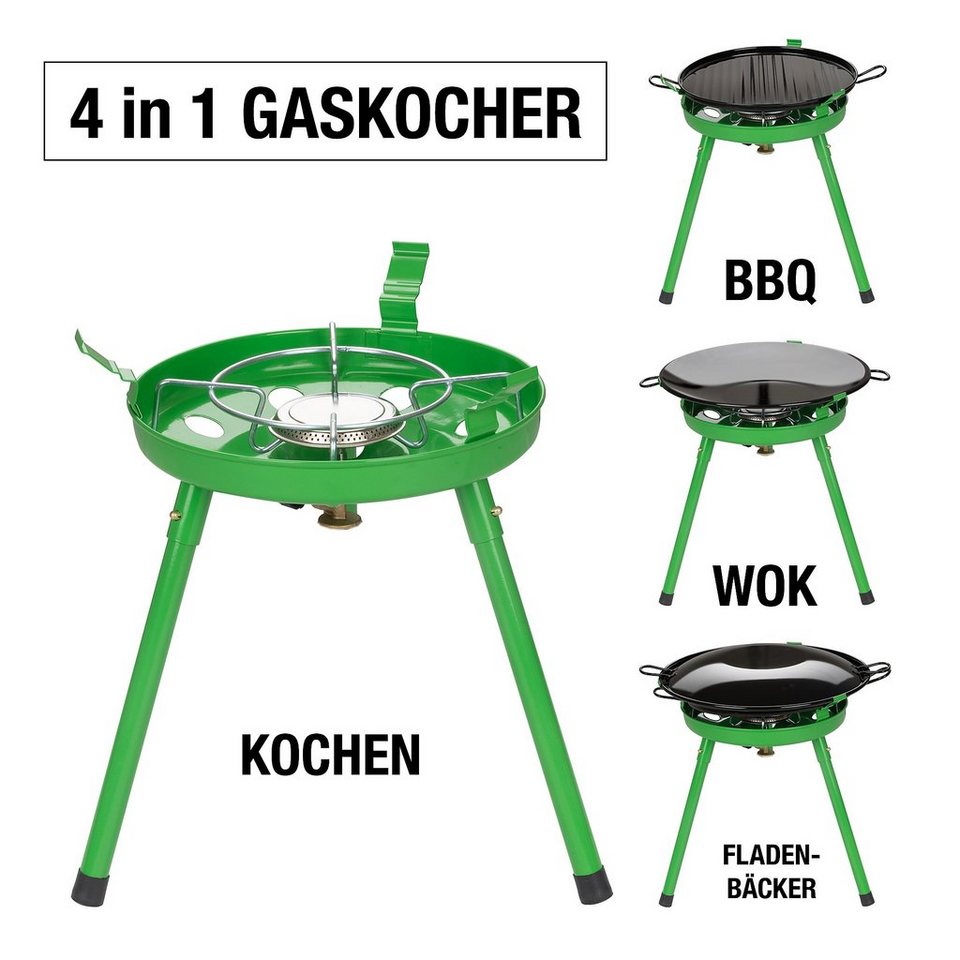 Mianova Gaskocher Campingkocher 4in1 Set Bbq Grill Wok Fladenbäcker