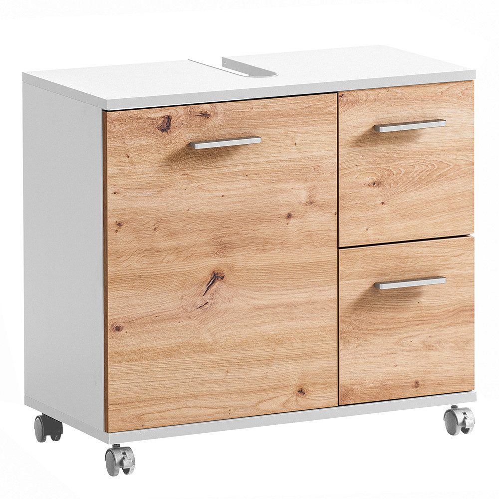 Lomadox Waschbeckenschrank PROVIDENCE-80 in weiß mit Eiche, 2 Türen, 2 ...