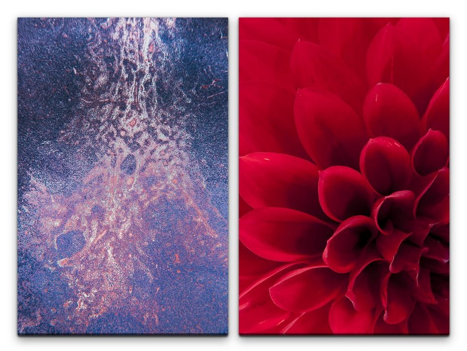 Sinus Art Leinwandbild 2 Bilder Je 60x90cm Dahlie Rote Blume Struktur