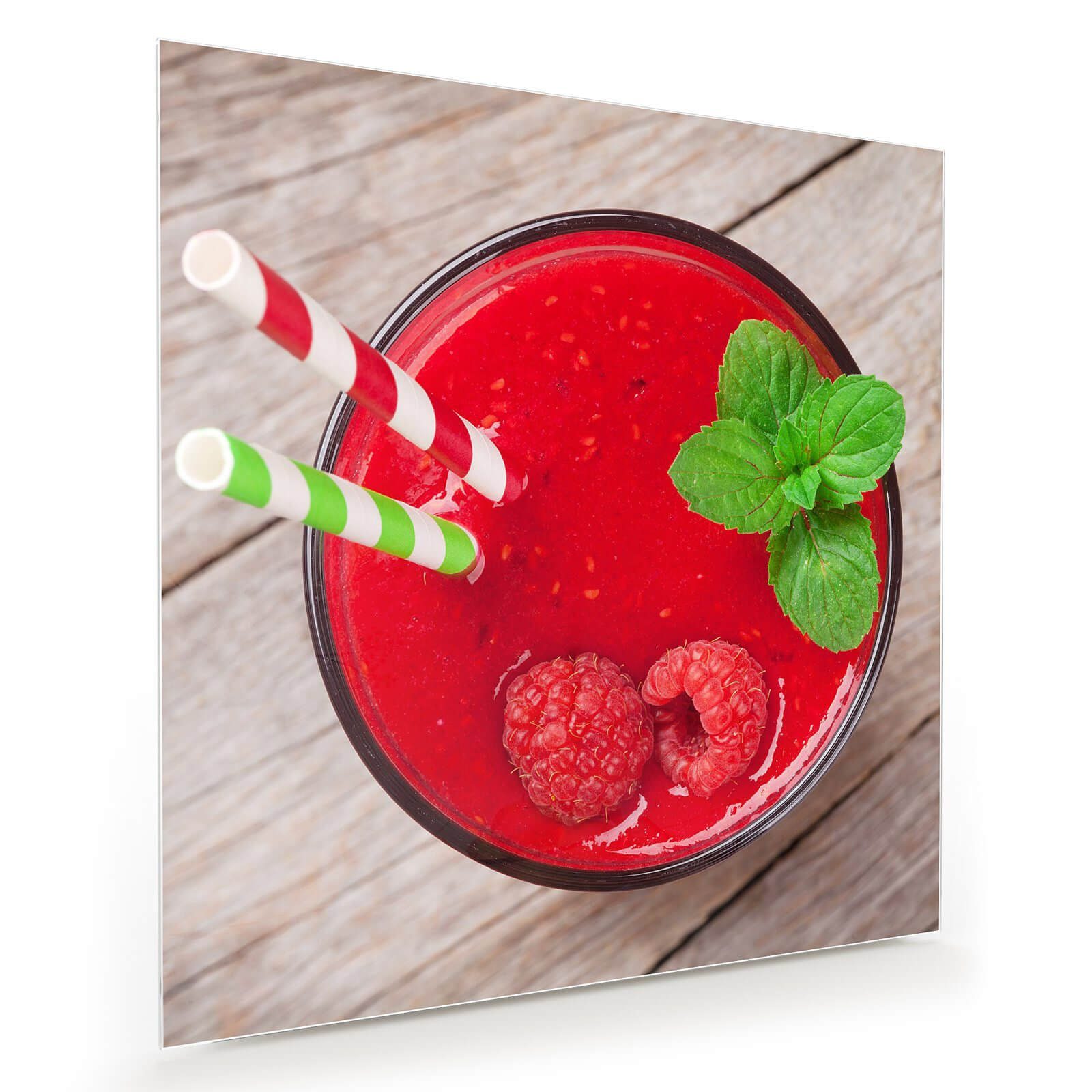 Primedeco Glasbild Wandbild Quadratisch Himbeersmoothie Mit Strohalm