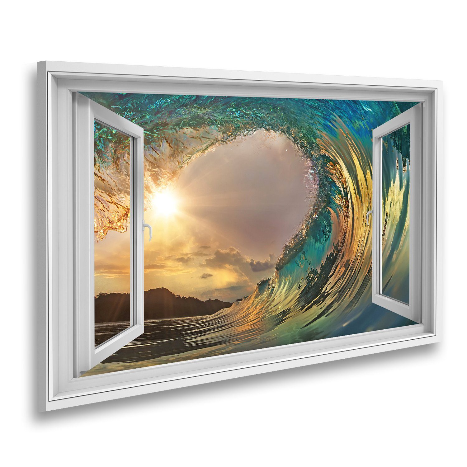 islandburner Leinwandbild Fensterblick Wunderschöne Welle zum Ozeansurfen am Sunset Beach Sagenh