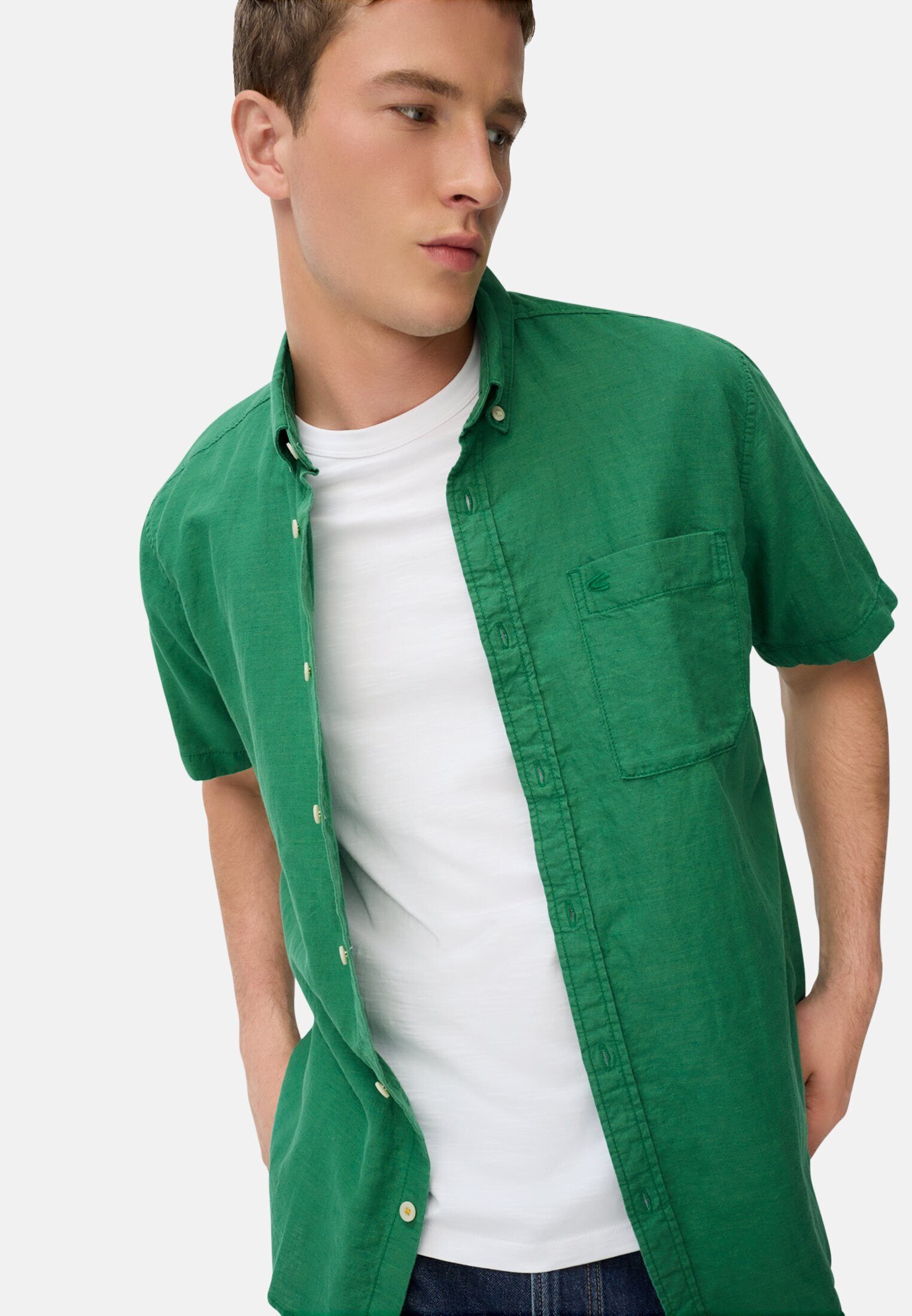 camel active Kurzarmhemd aus Leinen-Baumwoll-Mix Kurzarm Button-Down