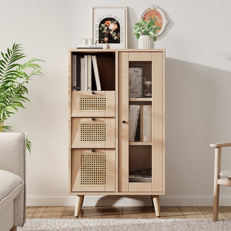 Merax Highboard Mit Rattan Schubladen Und Tür Sideboard Kommode Mit