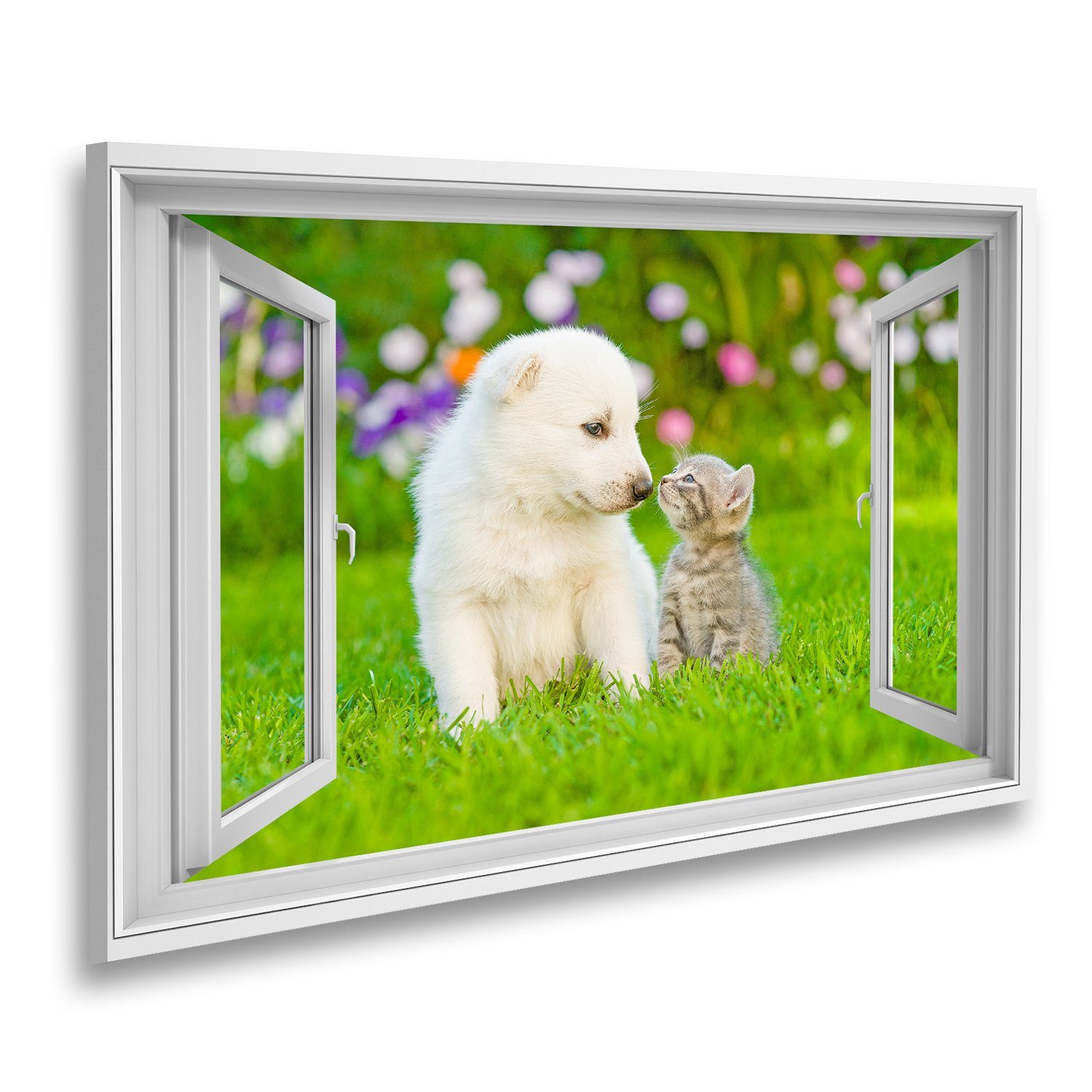 islandburner Leinwandbild Fensterblick Kätzchen küsst Weisse Schweizer Schäferhunde Welpe auf gr