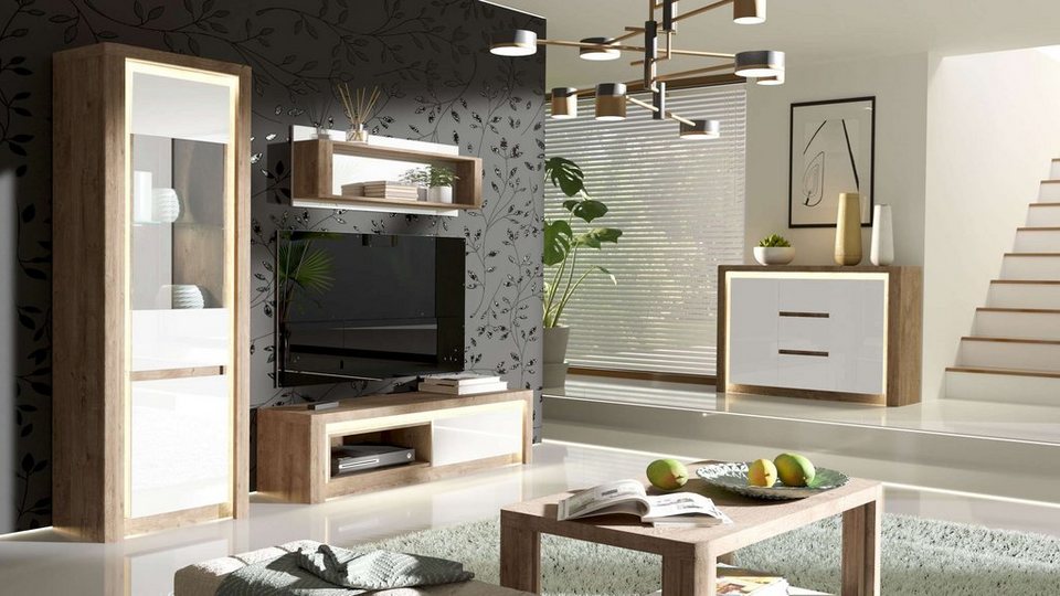 Stylefy Wohnwand Levino Ribbeck Eiche Weiß Hochglanz Set 5 St