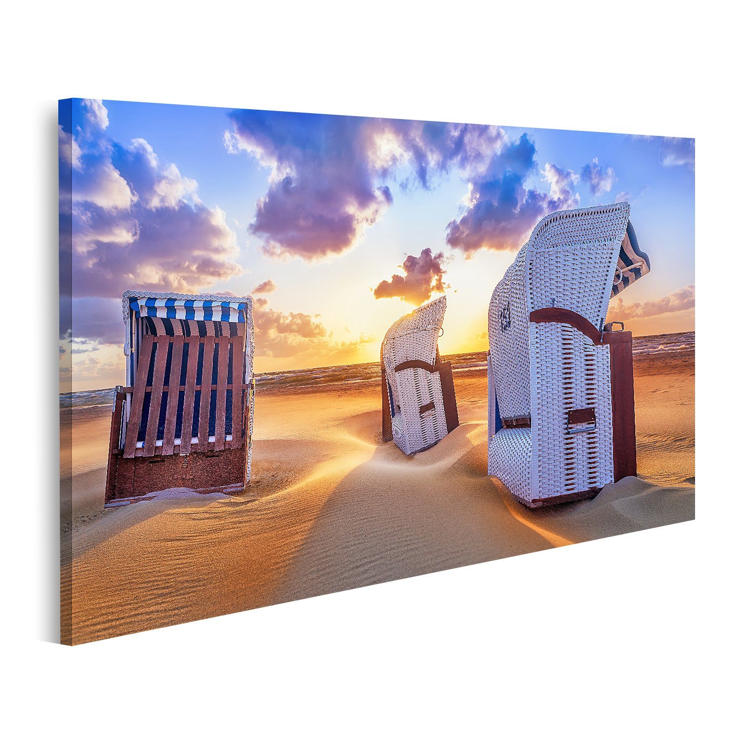 islandburner Leinwandbild »Bild auf Leinwand Strand Sonnenuntergang Ostsee Stühle Wandbild ...