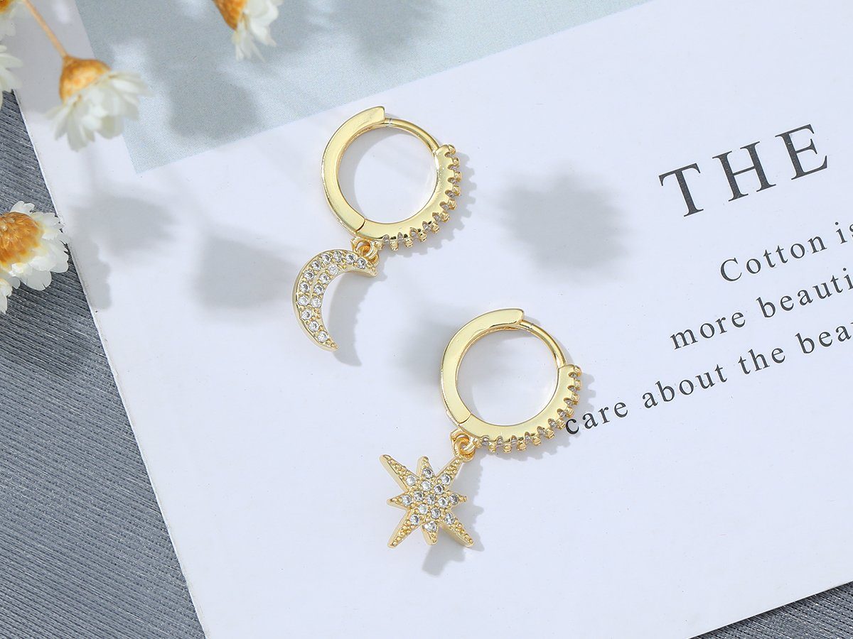 Eyecatcher Paar Creolen Creolen Stern und Mond. Goldfarben mit Zirkonia (Set)