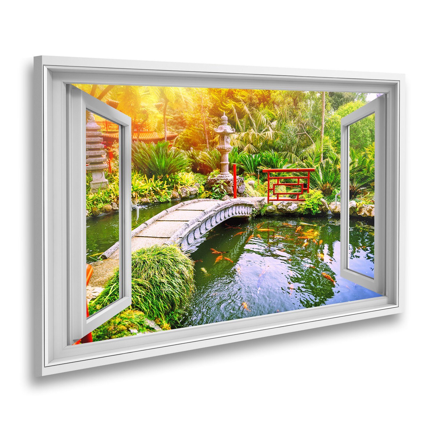 islandburner Leinwandbild Fensterblick Japanischer Garten mit schwimmenden Koi Fischen in der Te