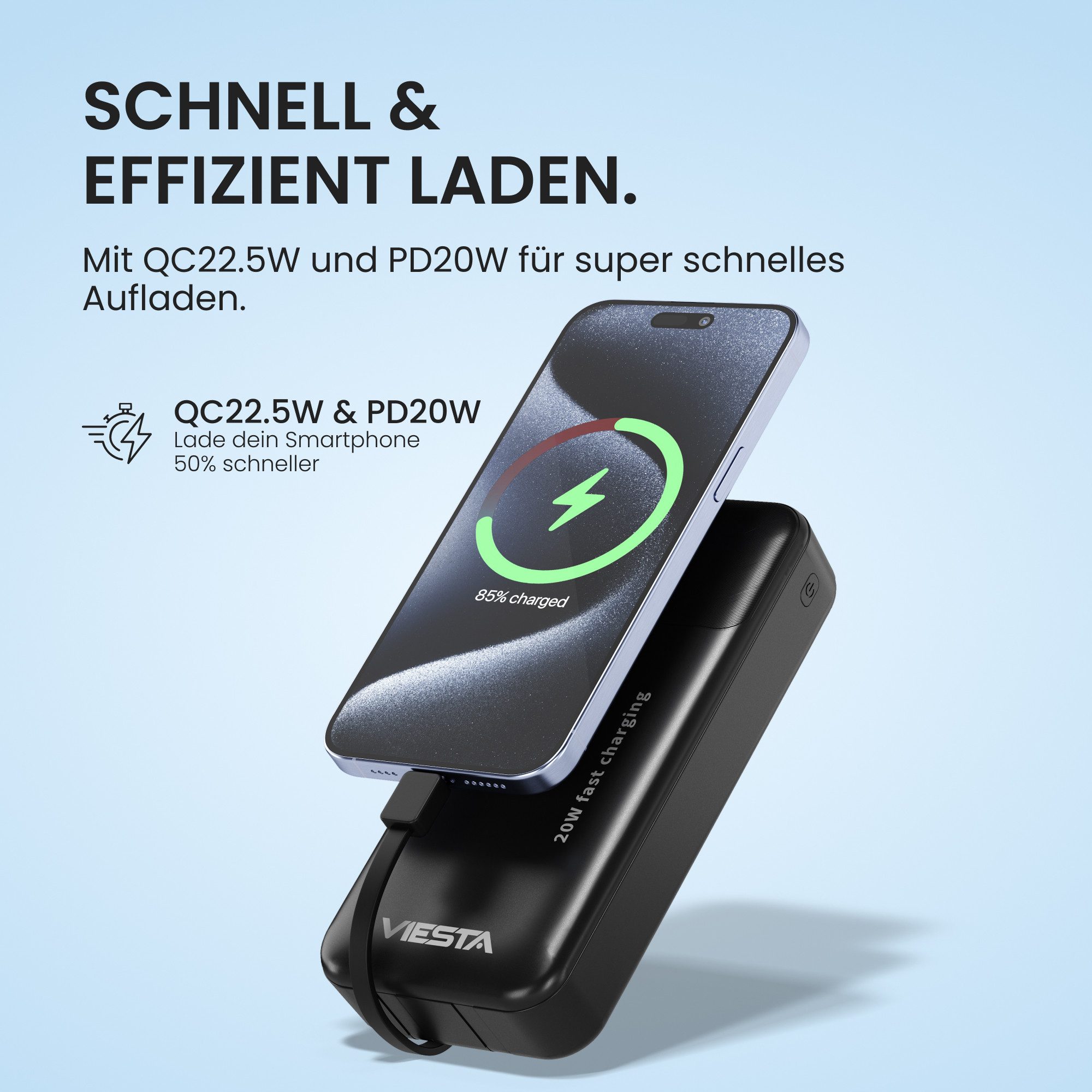 VIESTA 22,5 W Fast Charging & PD 20 W LED-Licht Micro-USB Schwarz 20. ...