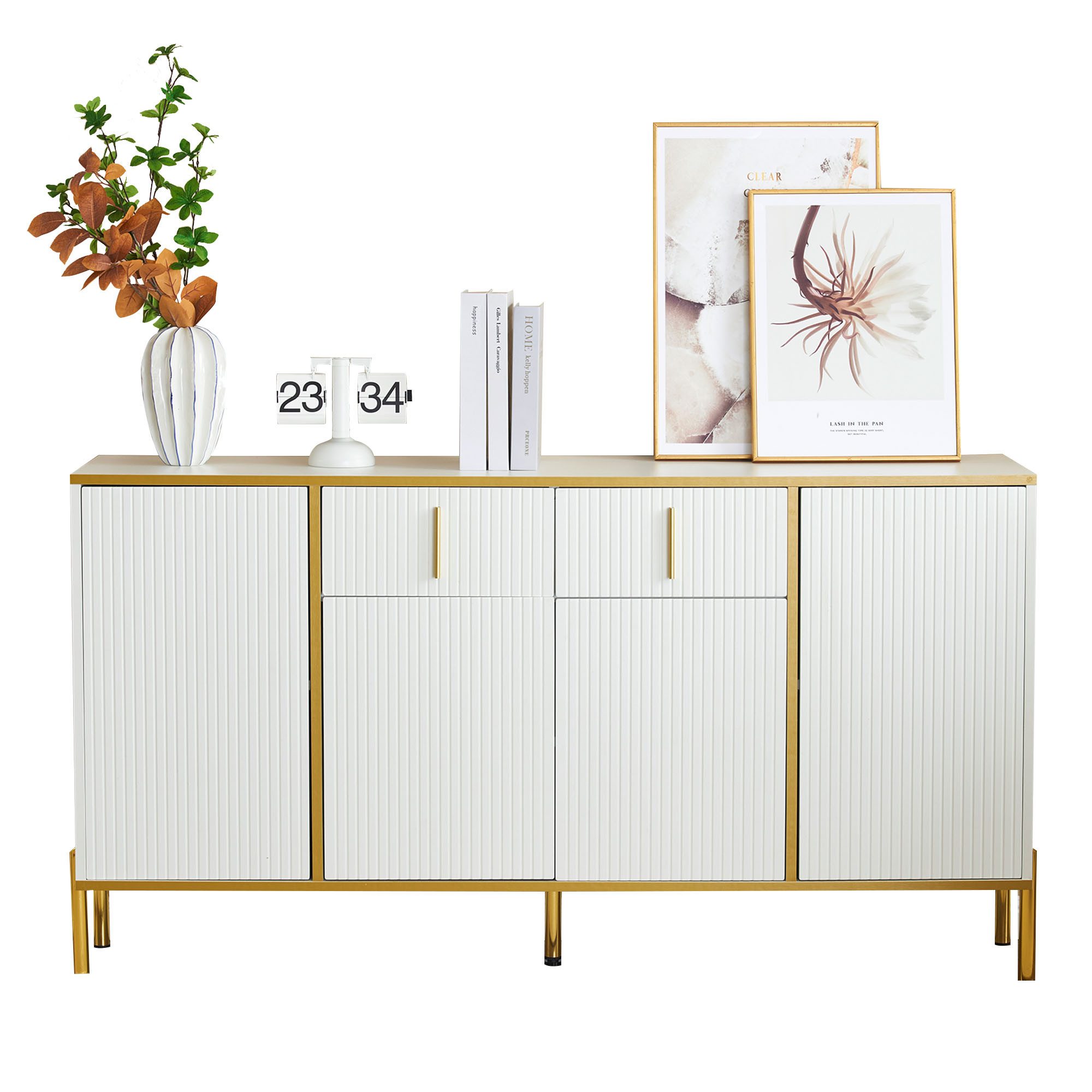 Merax Sideboard mit 2 Schubladen und 4 Türen, Buffet, Eckschrank, Kommode mit Metallrahmen ...