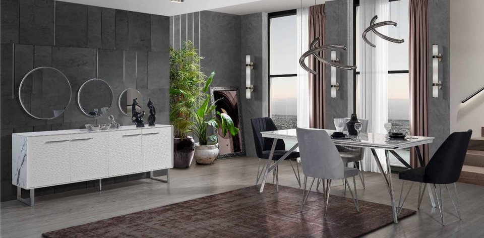 Jvmoebel Esszimmer Set Grau Weiße Esszimmer Möbel Kommode Esstisch