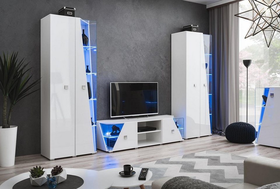 Jvmoebel Wohnzimmer Set Luxus Wohnzimmer Set Weiß Wohnwand 2x Vitrine