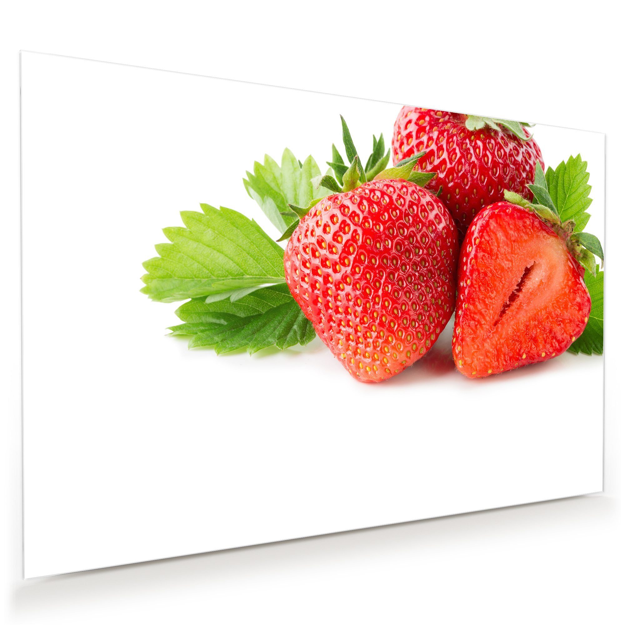 Primedeco Glasbild Wandbild Drei Erdbeeren Mit Blättern Mit Aufhängung