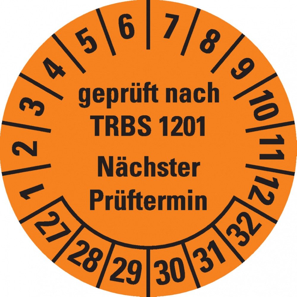 Dreifke Hinweisschild Prüfplakette TRBS 1201 nächster Prüftermin 27-32, orange, Folie, Ø30mm ...