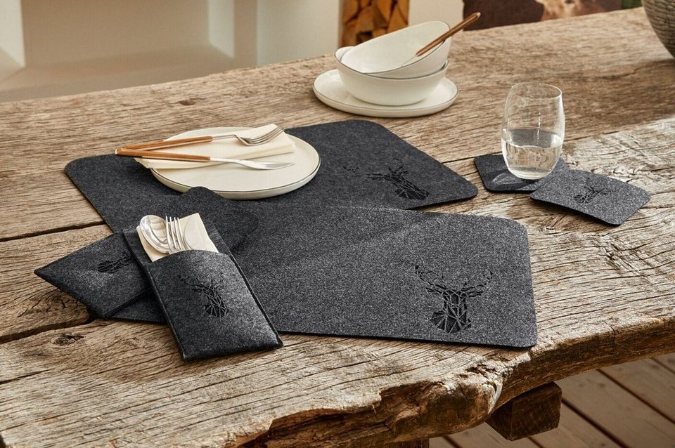 Platzset Hirsch Untersetzer Besteckhülle Set Filz Schwarz