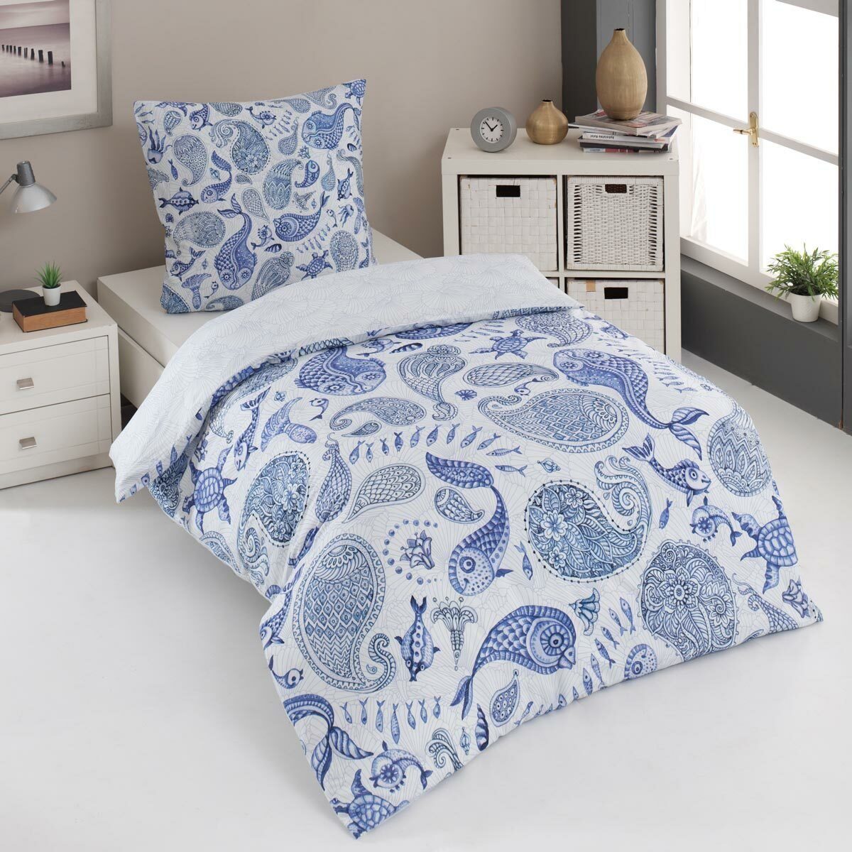 TRAUMSCHLAF Bettwäsche Unterwasserwelt, Mako Satin, 3 teilig, schönes Design mit Muscheln ...