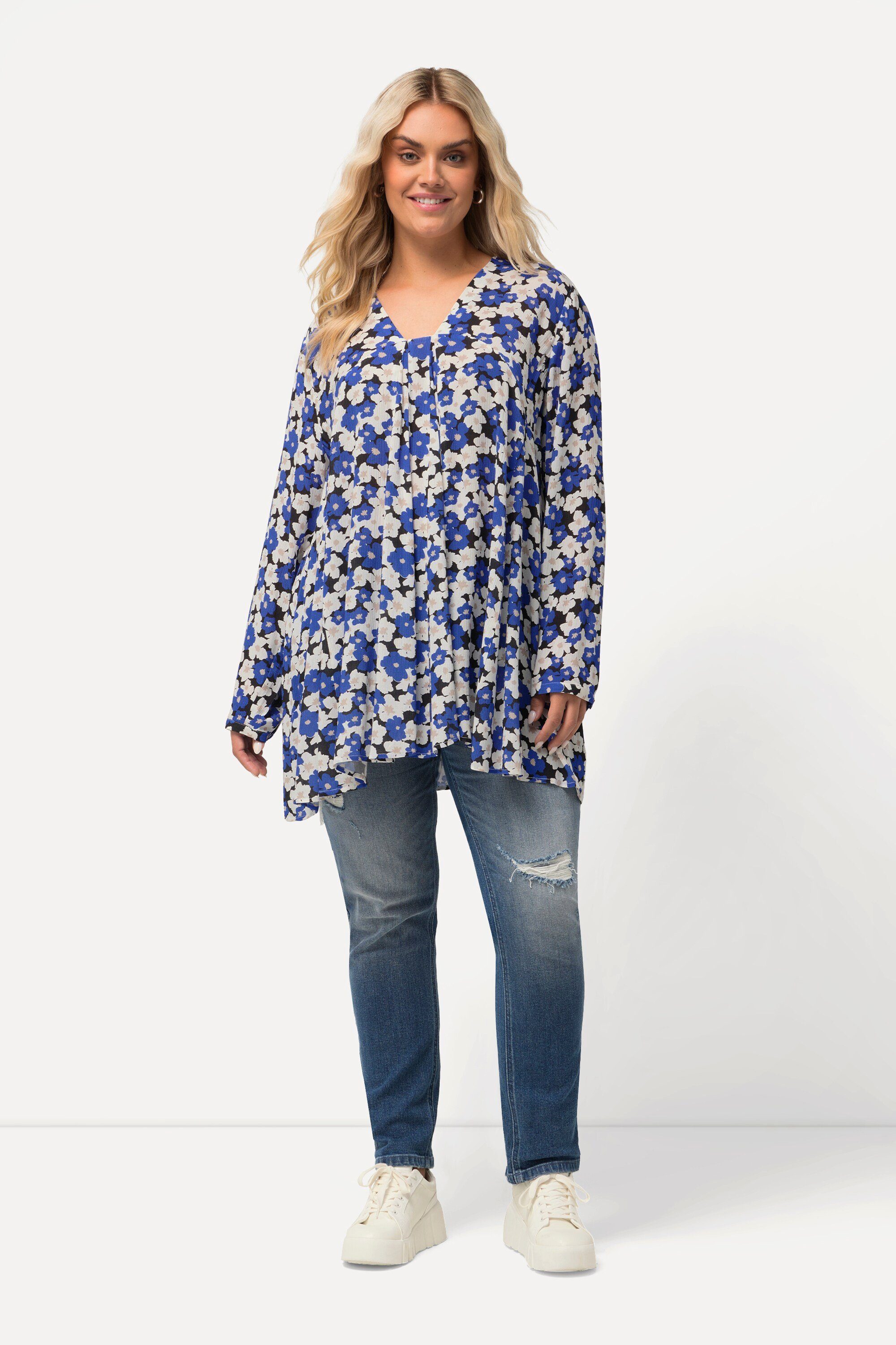 Ulla Popken Longbluse Bluse Bedruckt A Linie Carree Ausschnitt Langarm